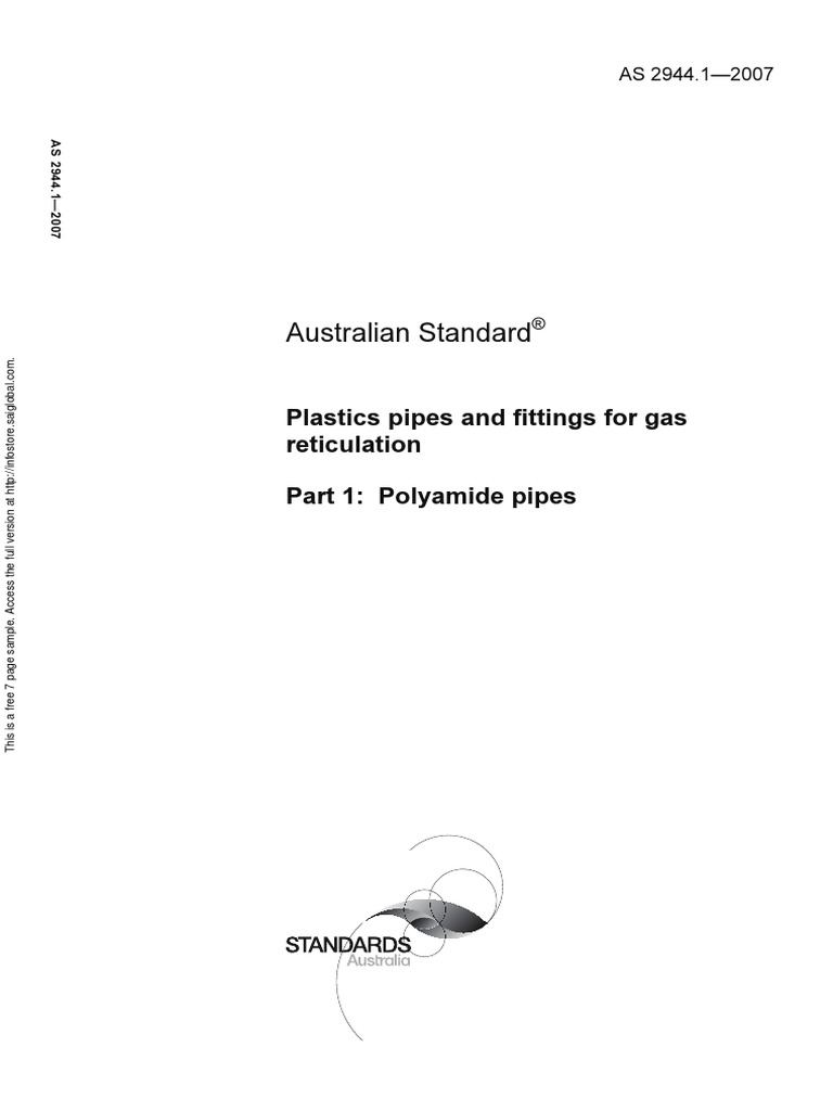 As 2944.1-2007 Plastics Pipes and Fittings For Gas Reticulation ...