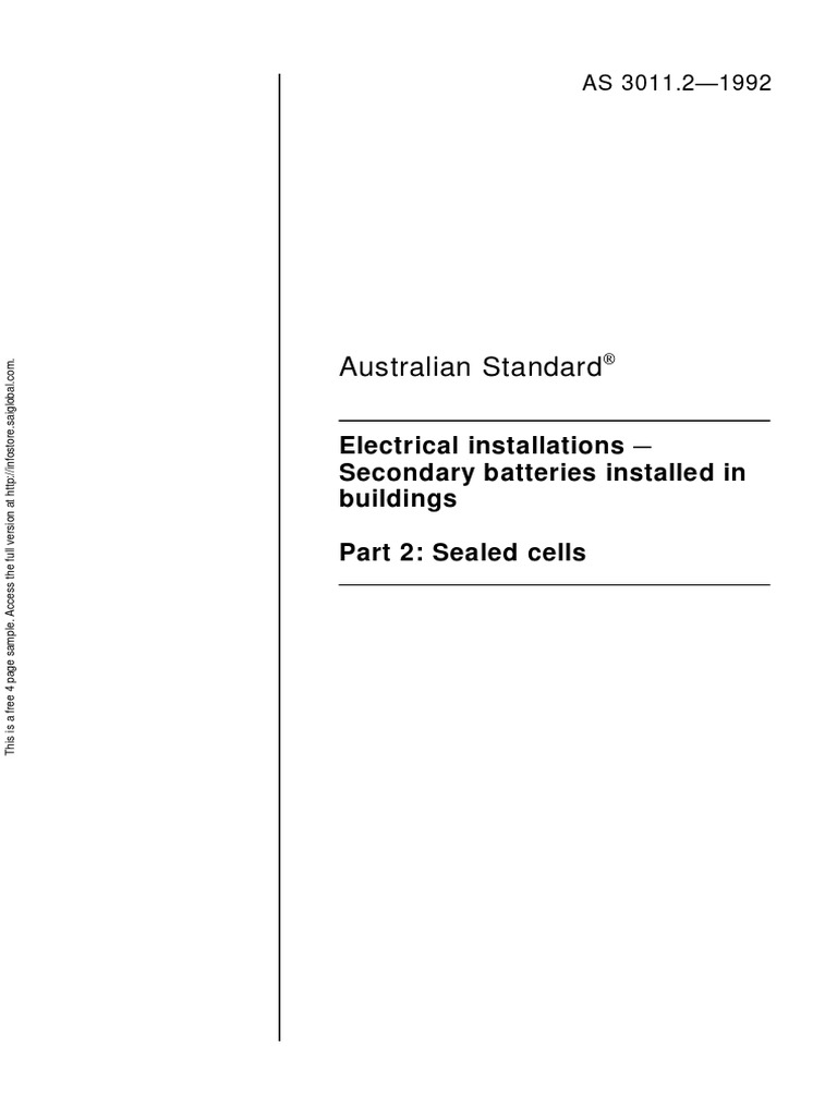 As 3011.2-1992 Electrical Installations - Secondary Batteries Installed ...