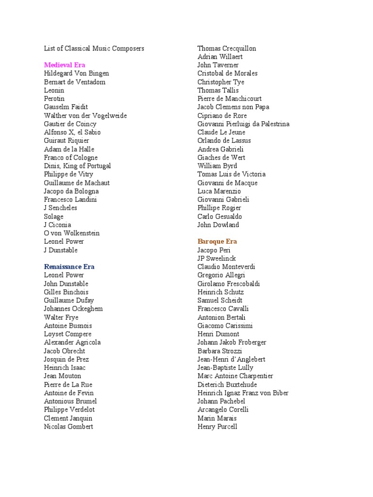 List of Classical Music Composers | PDF | Art | Classics