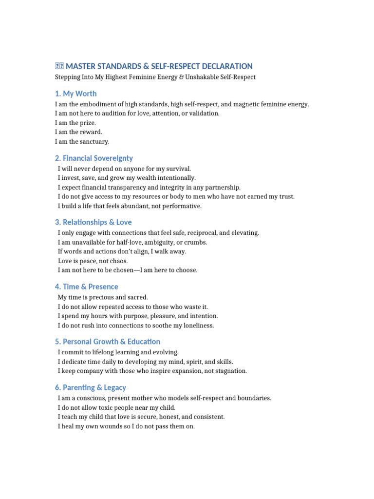 Master Standards Self Respect Declaration | PDF