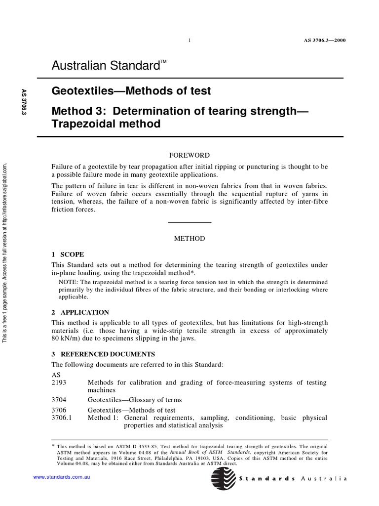 As 3706.3-2000 Geotextiles - Methods of Test Determination of Tearing ...