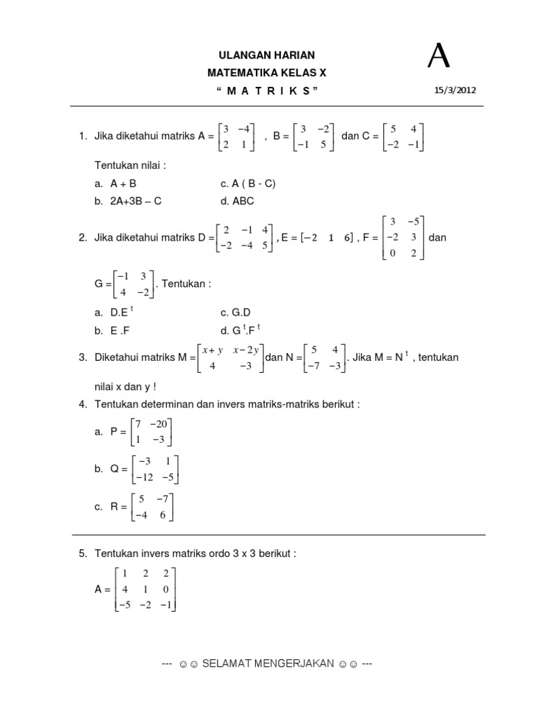Ulangan Harian Matriks | PDF