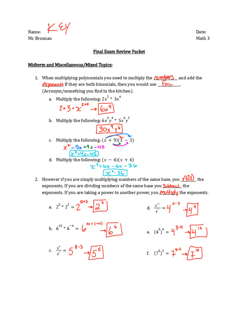 Math 3 Final Exam Review Packet 2024 Answer Key | PDF | Quadratic ...