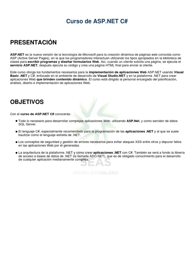 Curso de ASP - NET C# | PDF | Páginas del servidor activo | Aplicación web Curso de ASP - NET C# | PDF | Páginas del servidor activo | Aplicación web