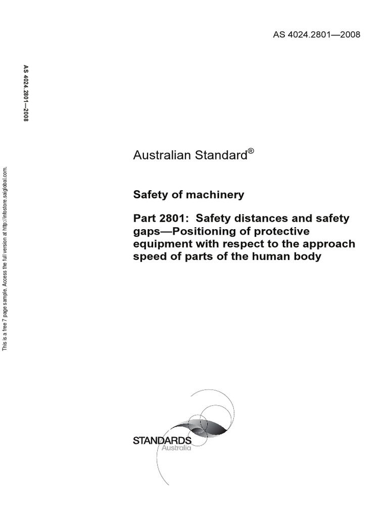As 4024.2801-2008 Safety of Machinery Safety Distances and Safety Gaps ...