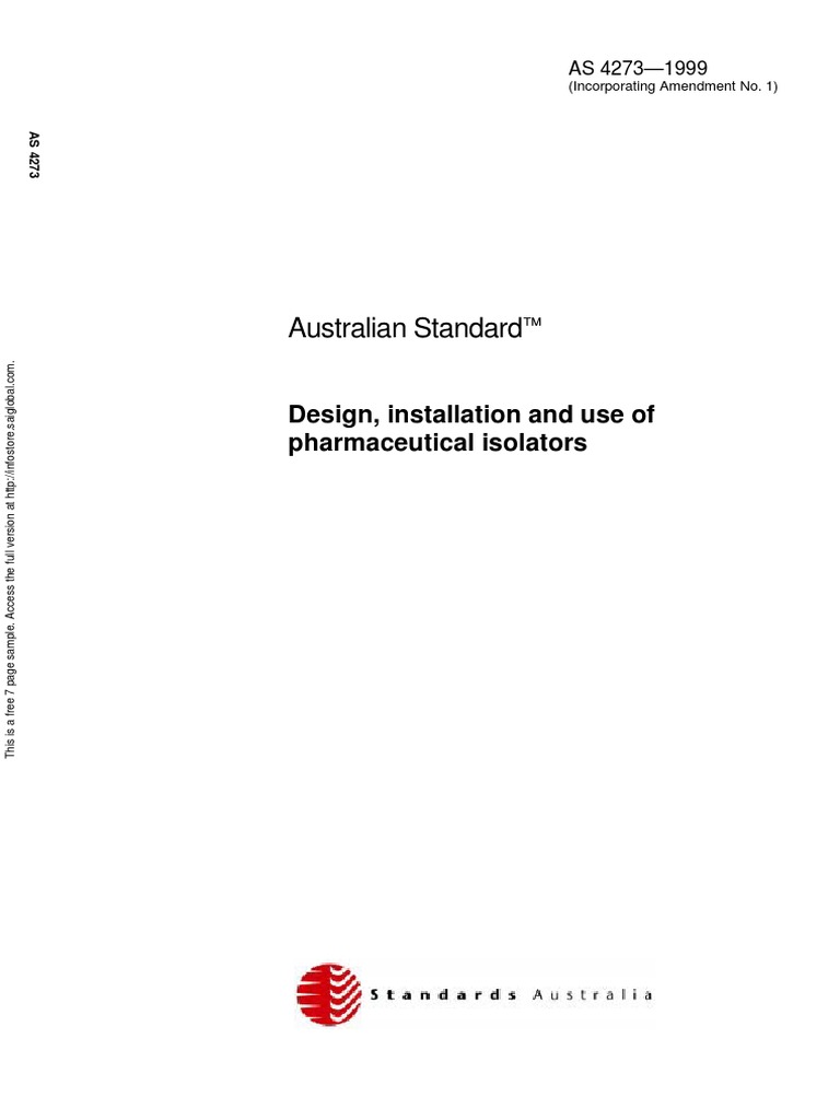 As 4273-1999 Design Installation and Use of Pharmaceutical Isolators ...