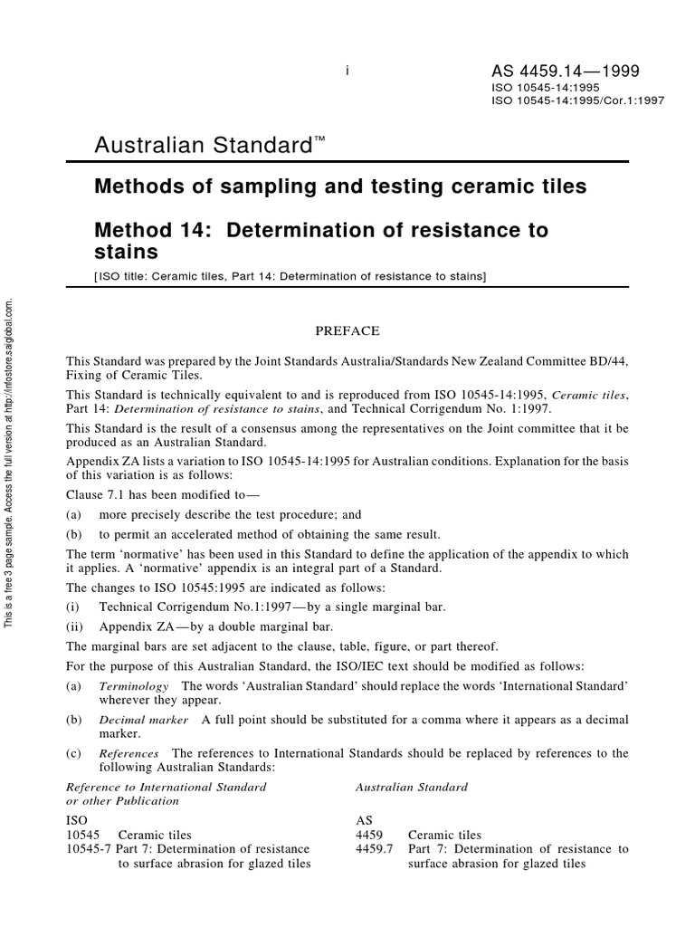 As 4459.14-1999 Methods of Sampling and Testing Ceramic Tiles ...