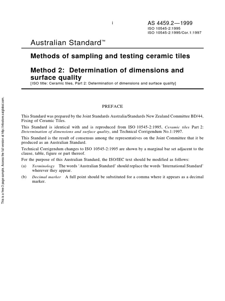 As 4459.2-1999 Methods of Sampling and Testing Ceramic Tiles ...