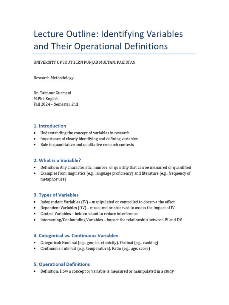 Identifying Variables and Operational Definitions Outline | PDF | Level ...