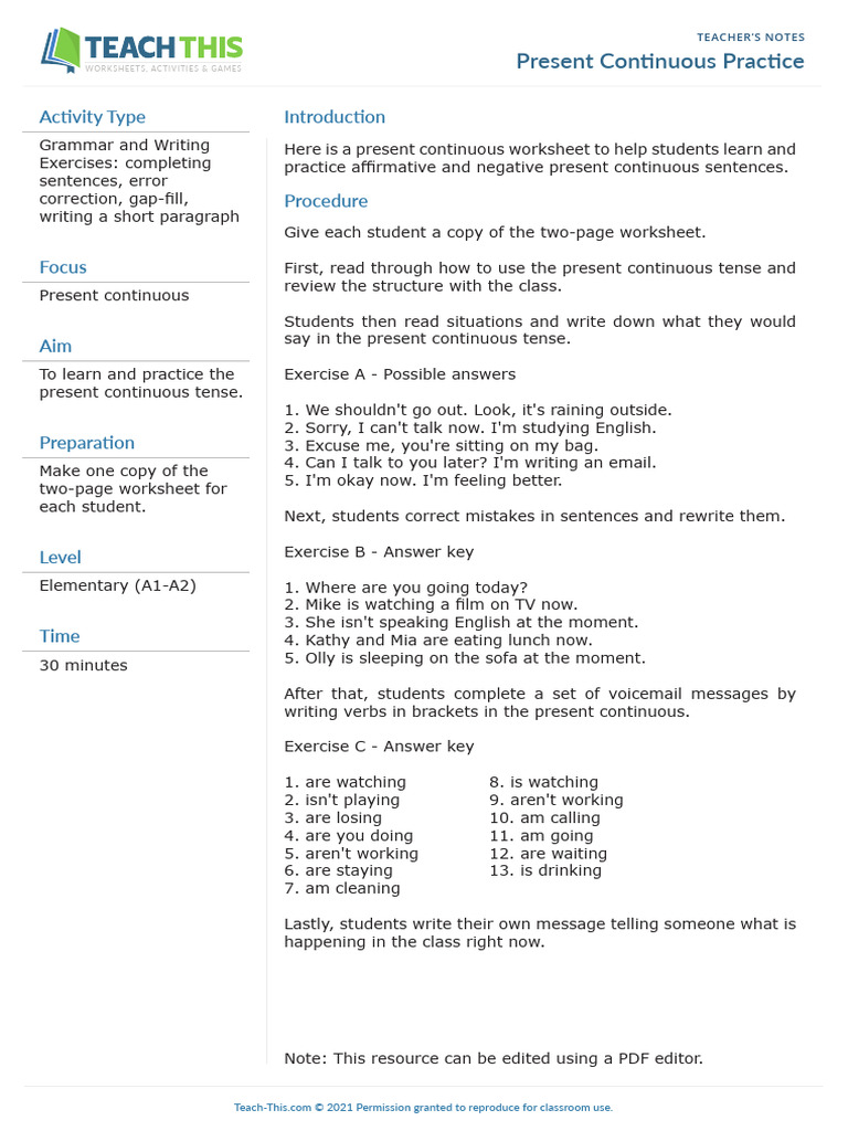 Present Continuous Practice | PDF | Language Mechanics | Grammar