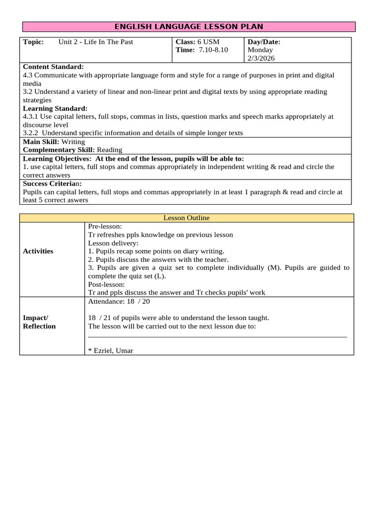 English Language Lesson Plan w8 - Cosmas | PDF | Lesson Plan | Teachers