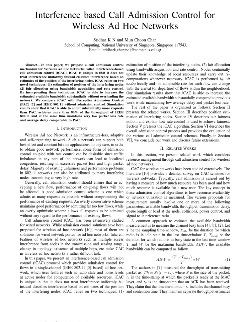 Interference Based Call Admission Control For Wireless Ad Hoc Networks | PDF | Wireless Ad Hoc ...