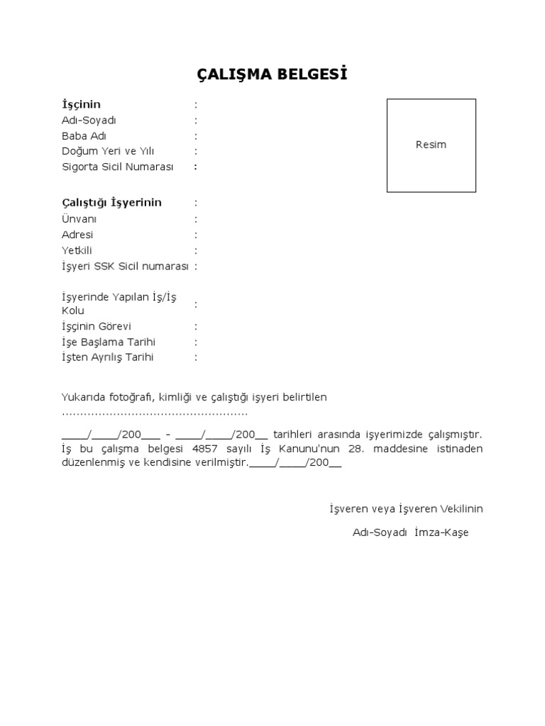 Çalışma Belgesi Formu