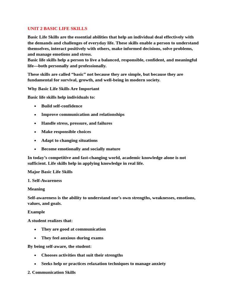 Unit 2 Basic Life Skills Notes | PDF | Mentorship | Leadership