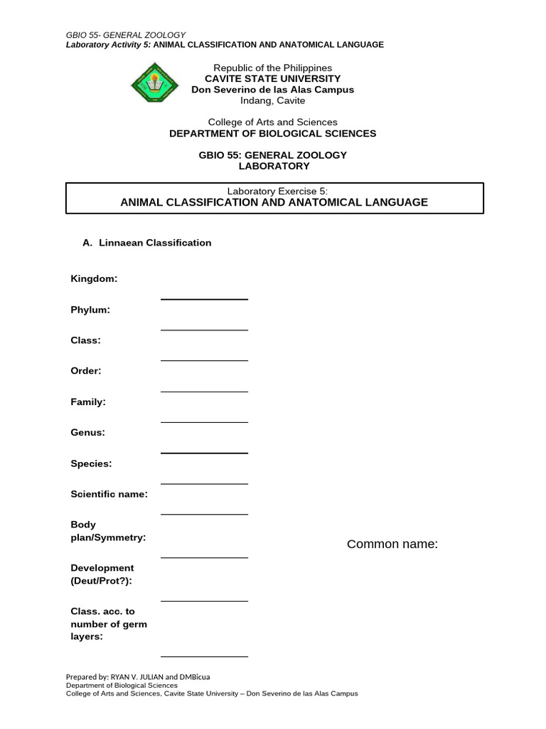 GBIO55 Lab 5worksheet Animal Classification and Anatomical Language ...