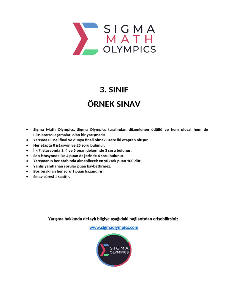 Sigma Math Olympics Sample Exam 3rd Grade Turkish | PDF