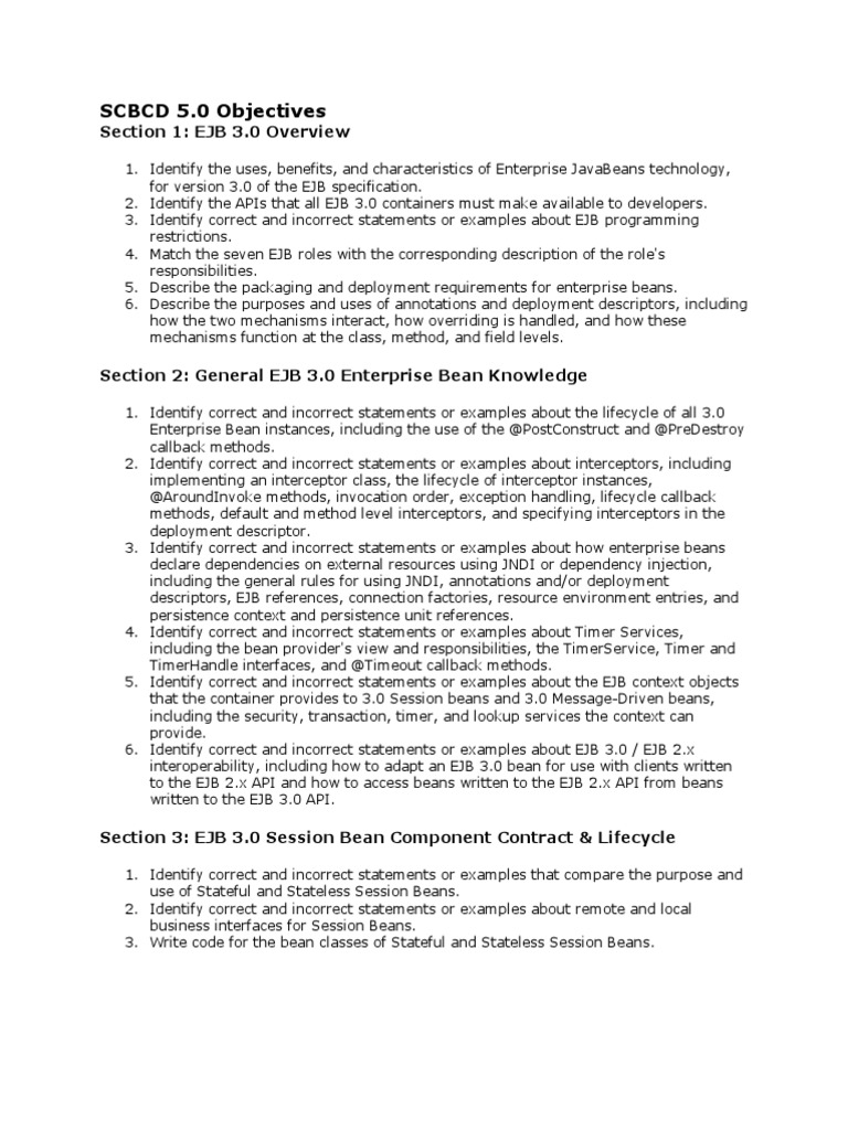 SCBCD 5.0 EJB 3.0 Exam Objectives | PDF | Enterprise Java Beans | Computer Programming