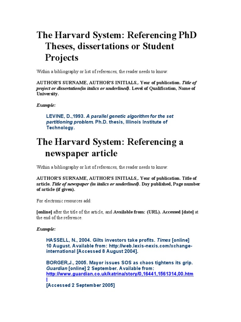 The Harvard System: Referencing PHD Theses, Dissertations or Student ...