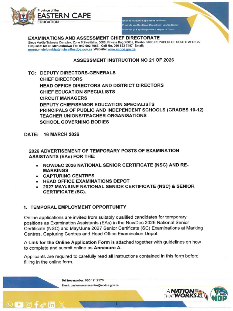 Assessment Instruction No 21 of 2026 Online EA'S Application Form For ...