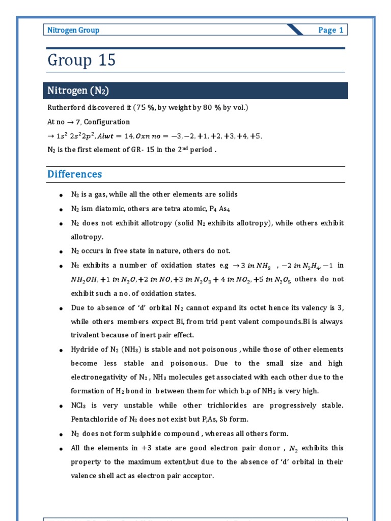 Group 15 Elements | PDF | Nitric Acid | Nitrogen