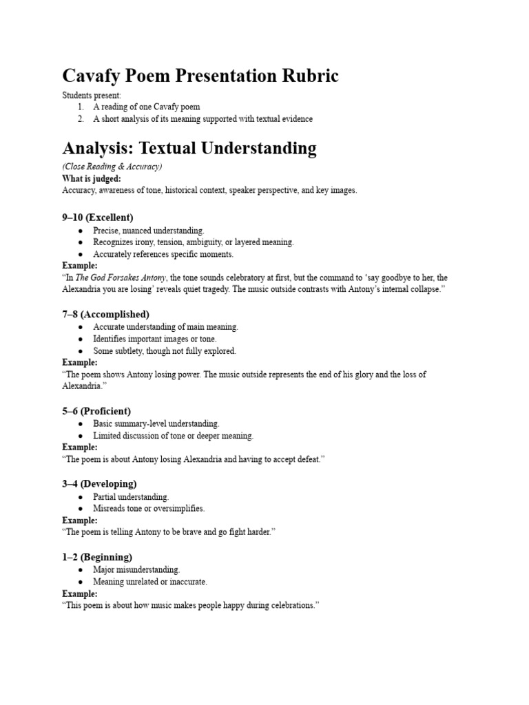 Cavafy Poem Presentation Rubric | PDF | Communication | Cognition