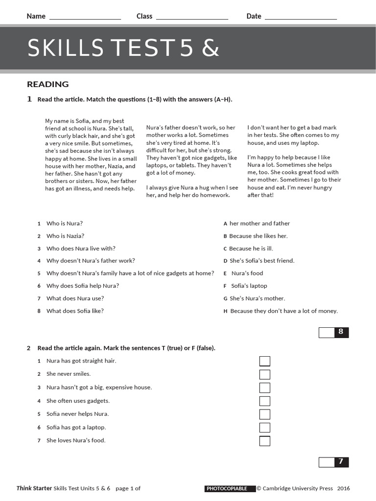 Think Level 0 Skills Test Units 5-6 | PDF