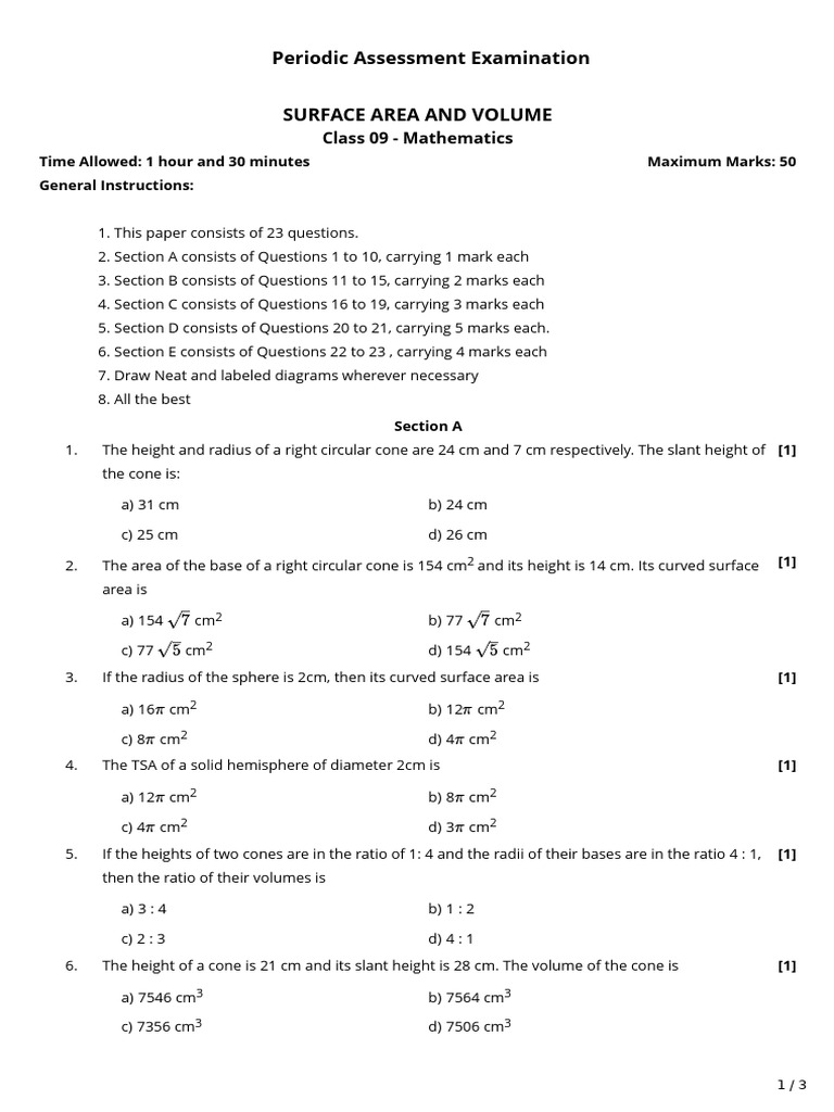 Surface Area Volume | PDF | Sphere | Geometry