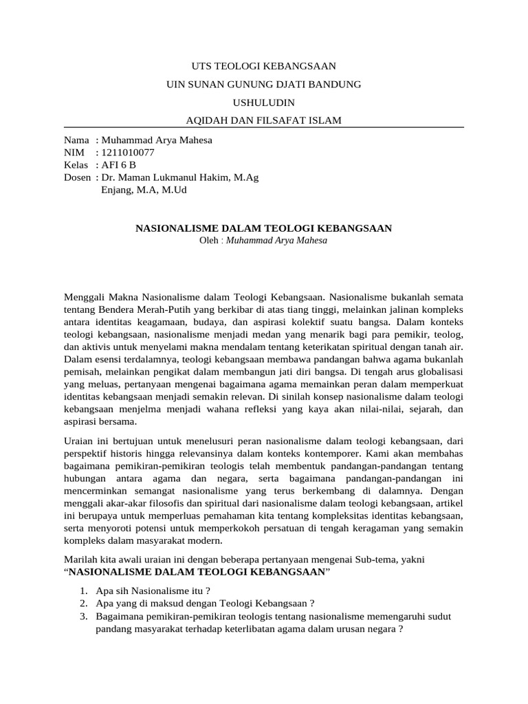 UTS Teologi Kebangsaan Muhammad Arya Mahesa AFI6B | PDF