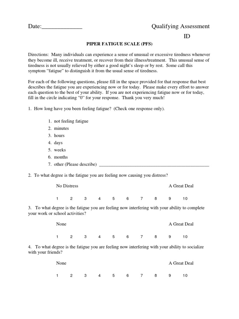 Piper Fatigue Scale | Fatigue (Medical) | Mental And Behavioural Disorders