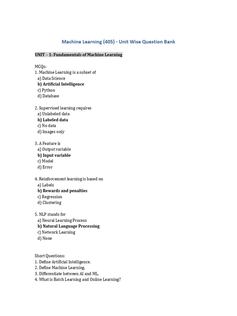 Machine Learning Unit Wise Question Bank | PDF | Machine Learning ...