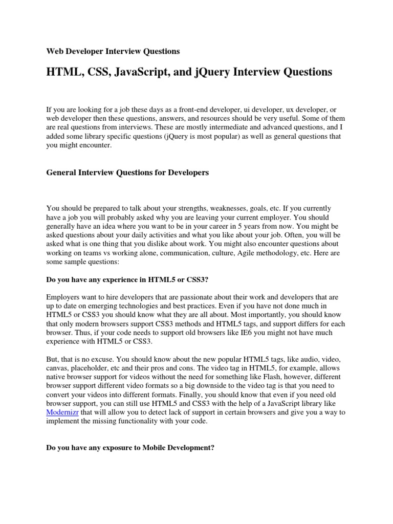 Web Developer Interview Questions | PDF | Java Script | Hypertext ... Web Developer Interview Questions | PDF | Java Script | Hypertext ...