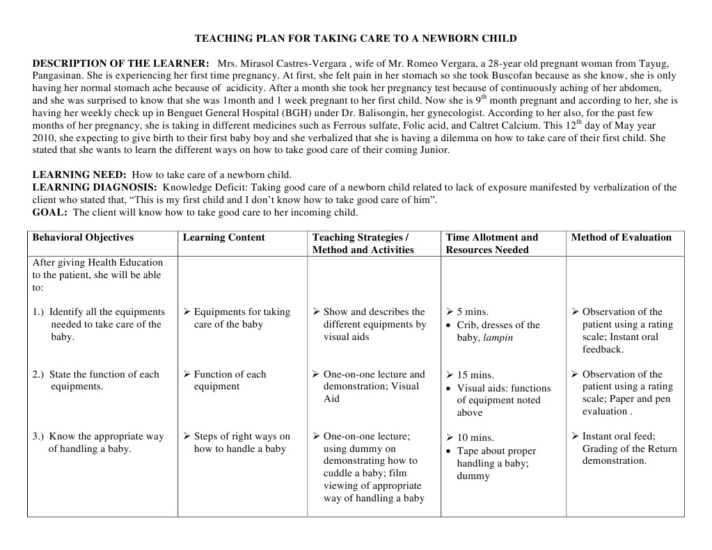 Teaching Plan For Taking Care To A Newborn Child | PDF | Infants ...
