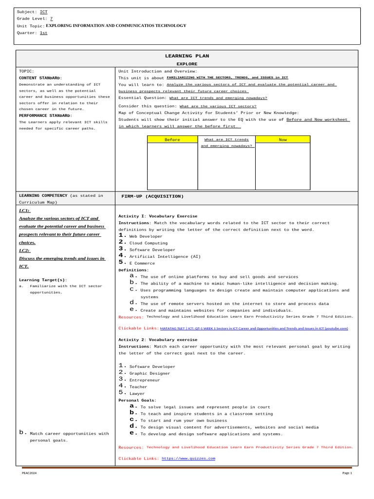 ICT 7 Learning Plan Lesson 1 (1st Quater) | PDF | Educational ...