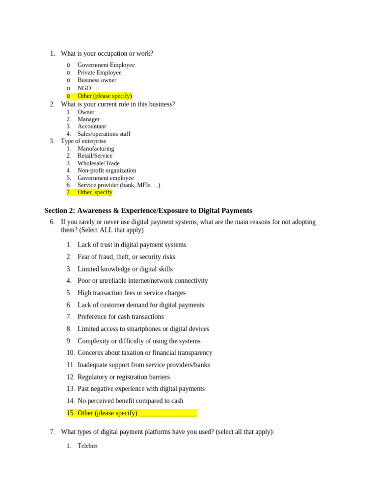 Questionnaire | PDF | Point Of Sale | Cash