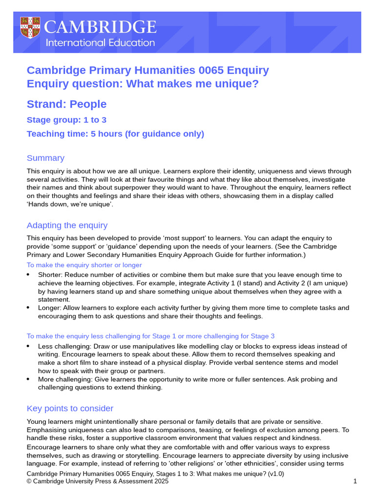 0065 Humanities People Enquiry 3 Stages 1 To 3 What Makes Me Unique ...