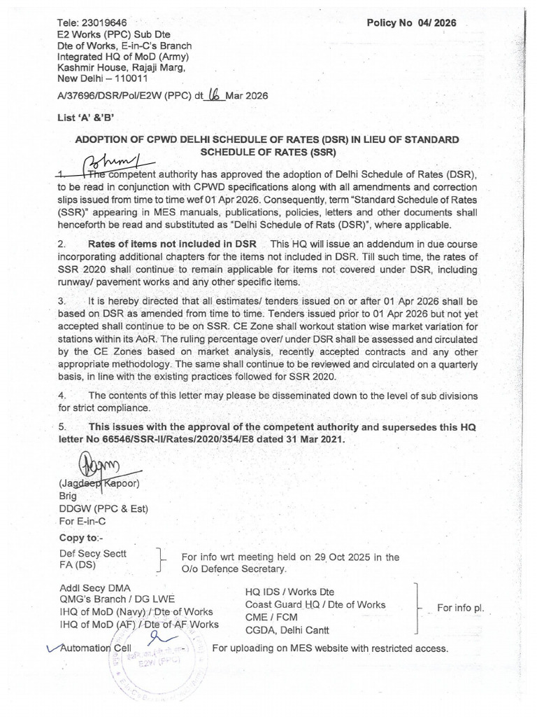 Adoption of CPWD Delhi Schedule of Rates DSR in Lieu of Standard ...