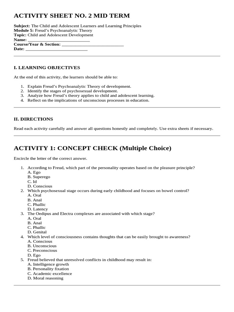 Tcaalp Module 5 Activity Sheet | PDF | Sigmund Freud | Cognition