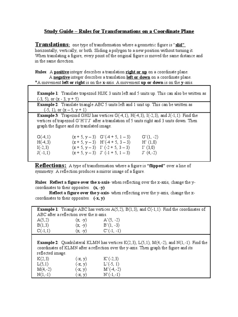 Transformations Study Guide | PDF | Cartesian Coordinate System ...