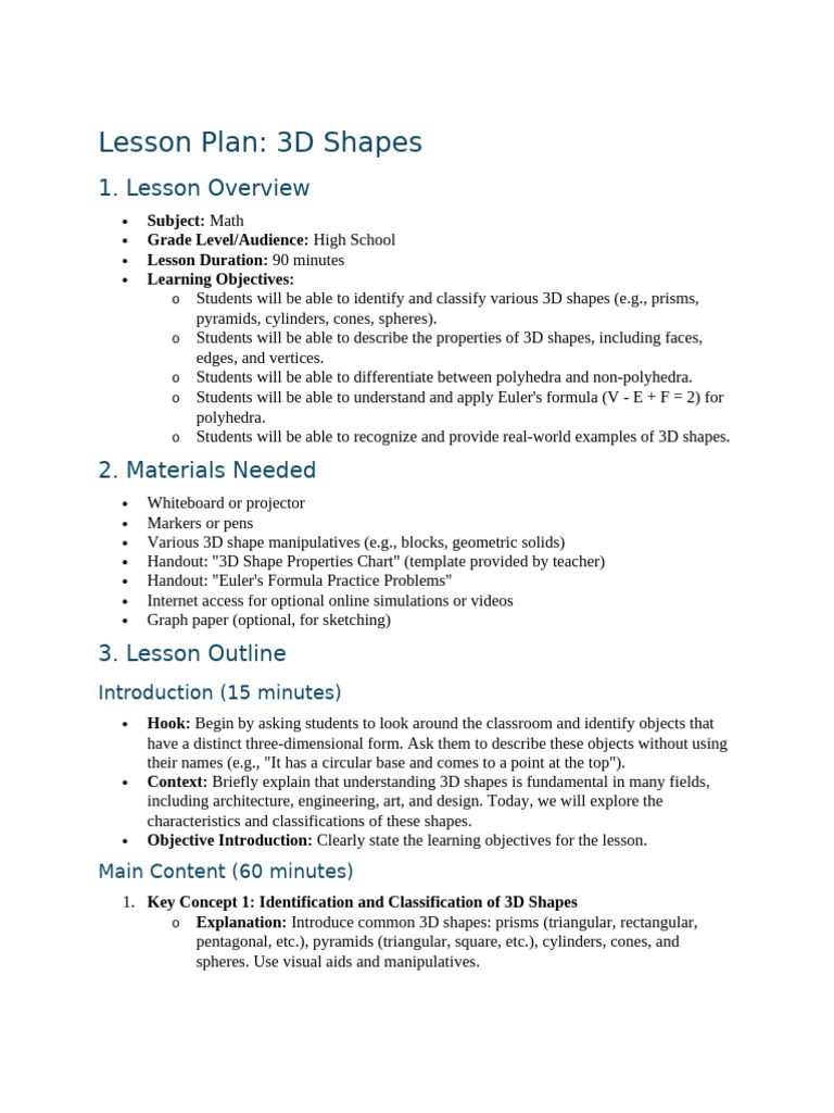 Lesson Plan: 3D Shapes | PDF | Euclidean Geometry | Polytopes