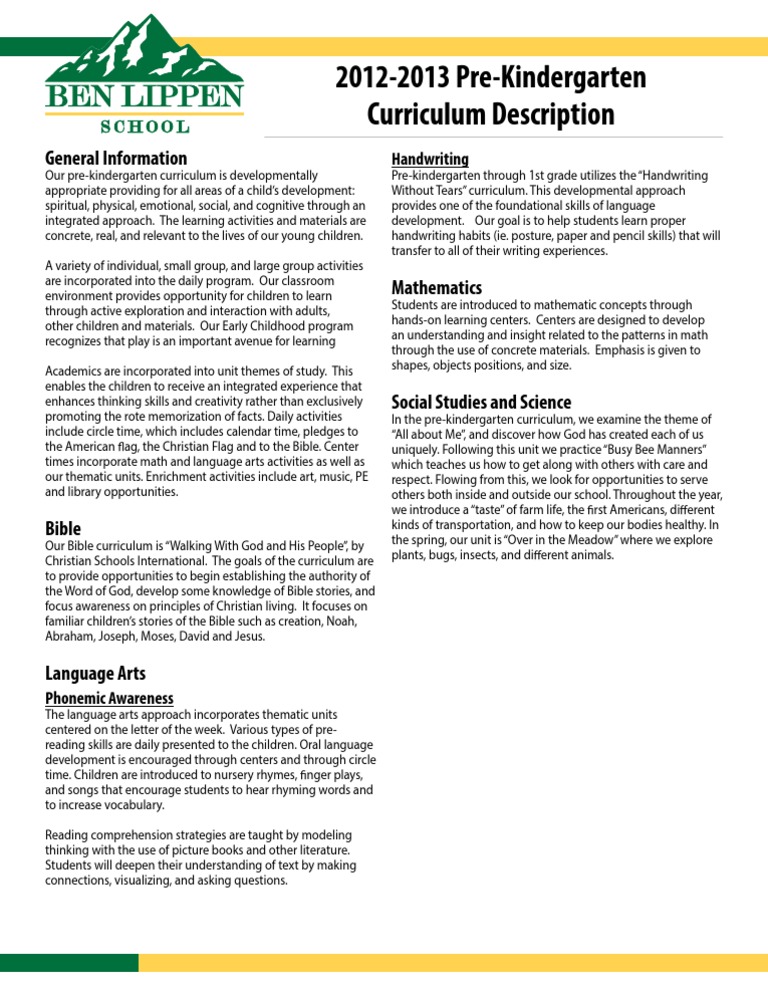 2012-2013 Pre-K Curriculum Description | PDF | Preschool | Curriculum