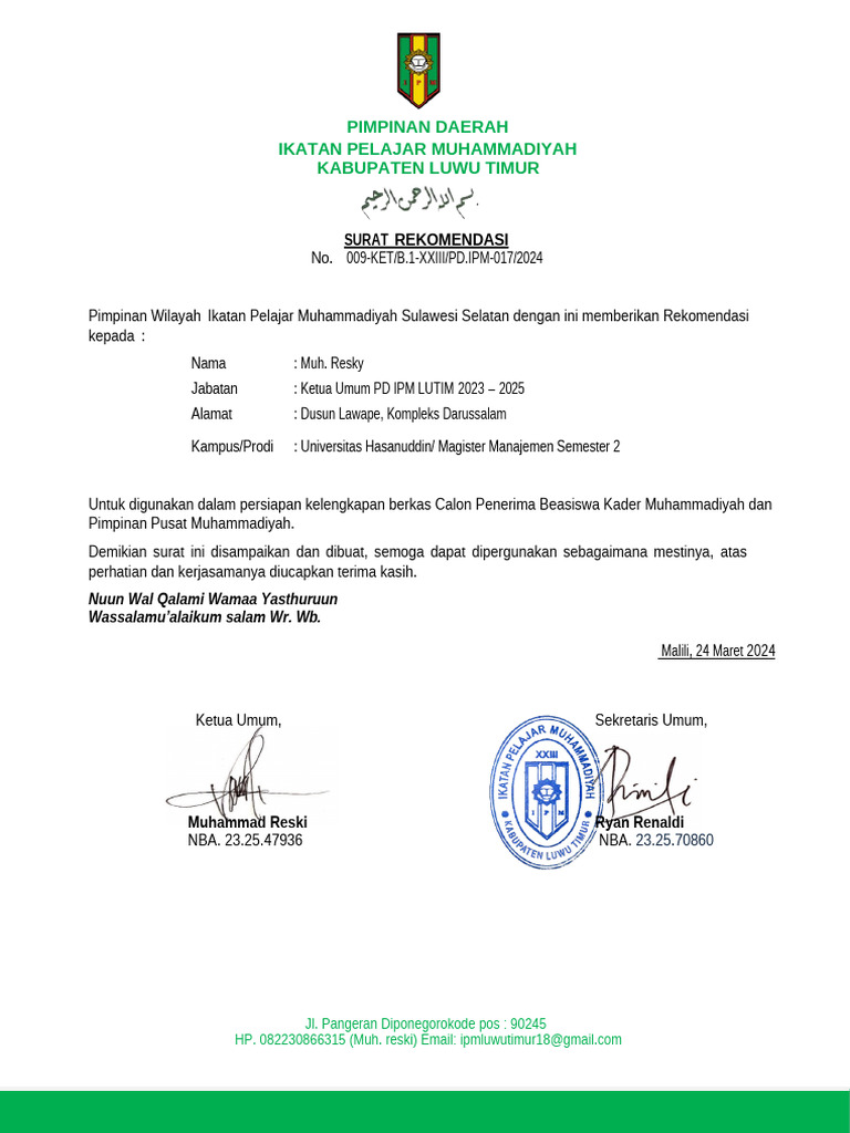 Surat Rekomendasi Ke PW Ipm 2 Resky | PDF