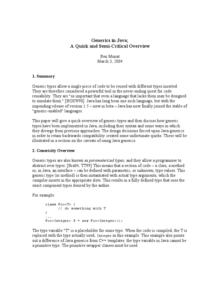 Generics in Java A Quick and Semi-Critical Overview: 1. Summary | PDF ... Generics in Java A Quick and Semi-Critical Overview: 1. Summary | PDF ...