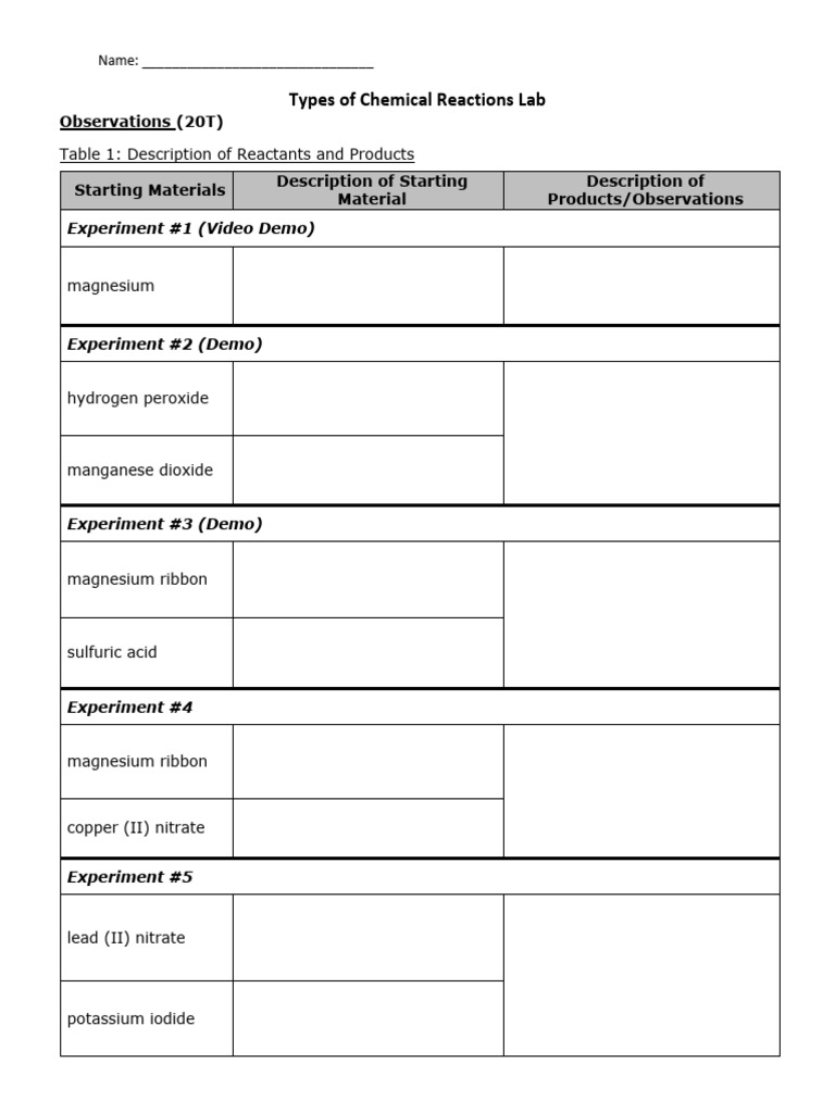 SNC2D Chemical Reactions Lab Worksheet | PDF