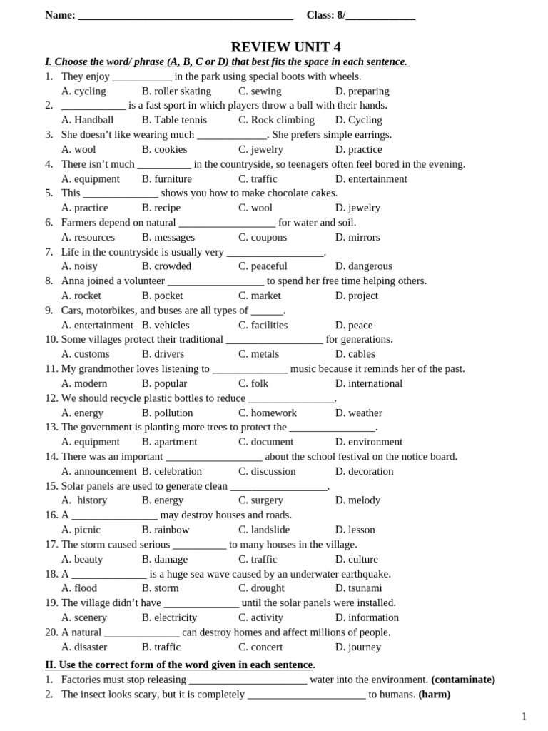 Review Unit 4 | PDF | Adjective