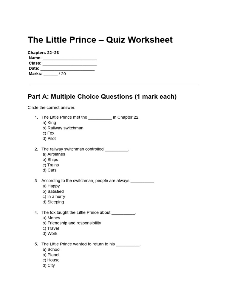 The Little Prince - Quiz Worksheet | PDF