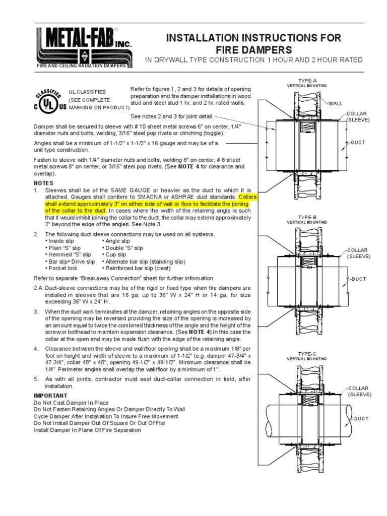 Installation Instructions For Fire Dampers: in Drywall Type ...
