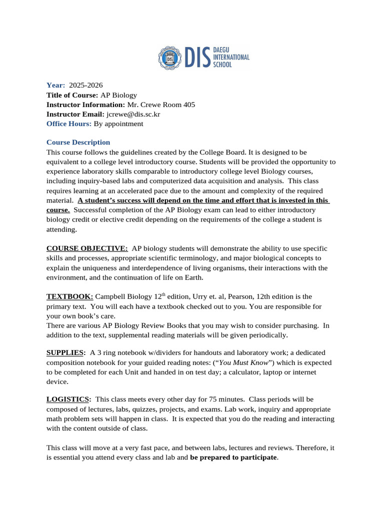 AP Biology Syllabus SY2025-2026 | PDF | Learning
