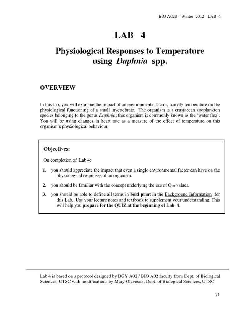 A02 W2012 Lab 4 Daphnia Temperature Final | PDF | Temperature | Heart Rate