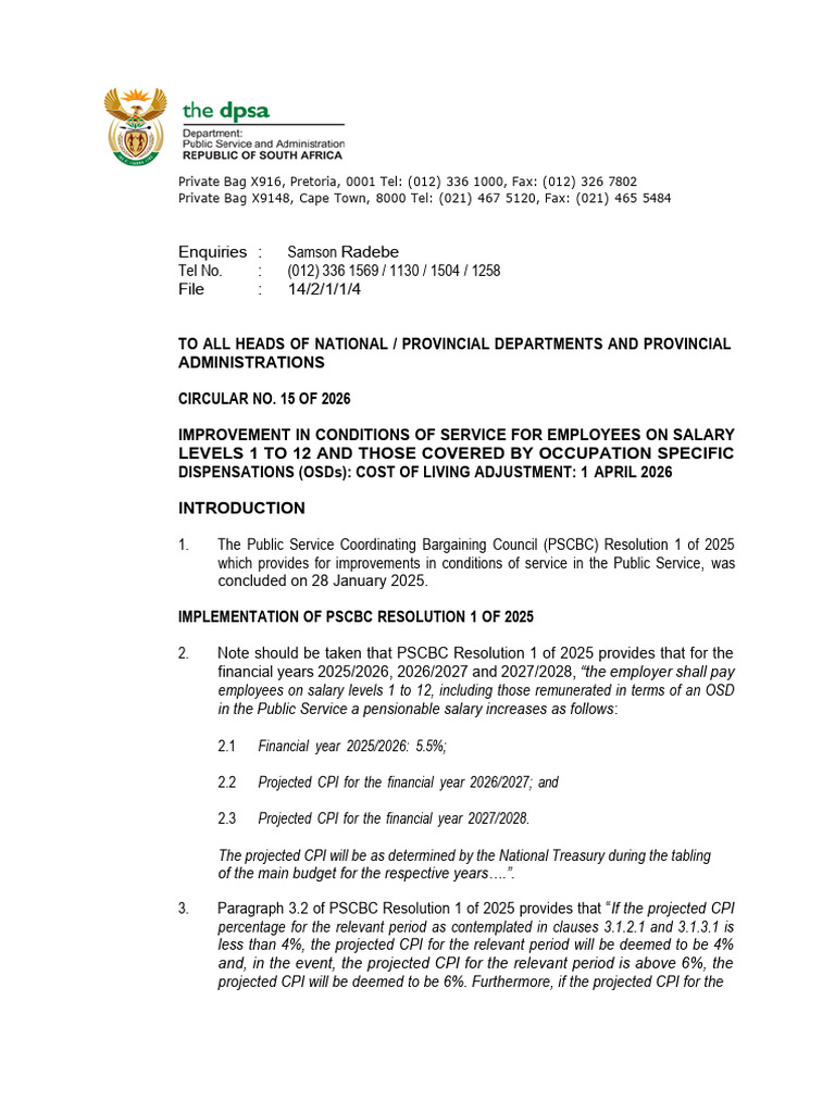 DPSA Circular 15 of 2026 - 2026 COLA For SL 1 To 12 and OSDs | PDF ...