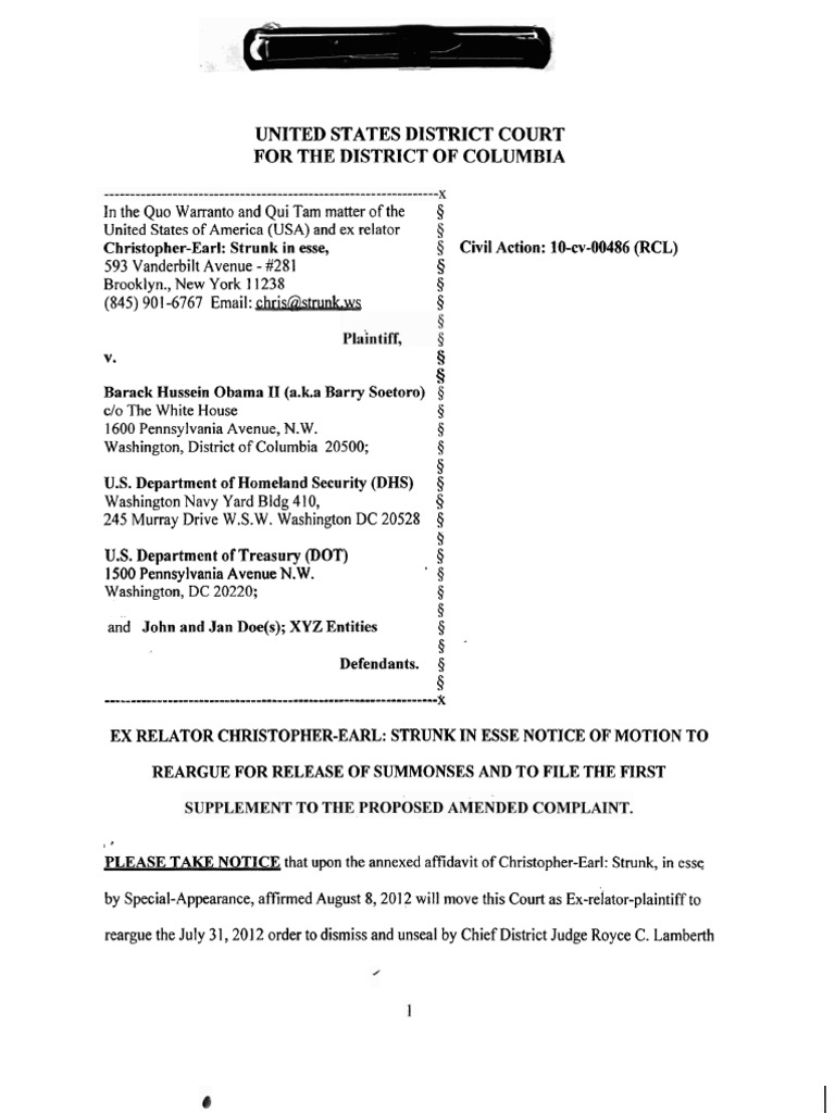 DCD (RCL) 2010 CV 00486 EX RELATOR STRUNK V OBAMA Et Al. - Quo Warranto ...